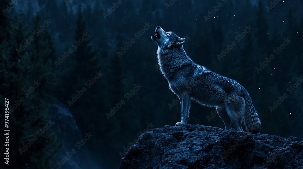 Wolf howling at dusk, standing on a rocky outcrop, head tilted back as ...