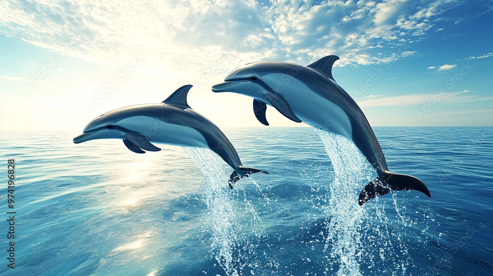 Dolphins leaping out of the ocean, caught mid-air in a graceful arc ...