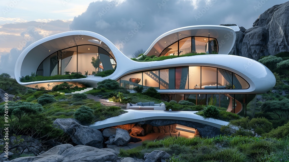 Striking organic house embedded into hilly terrain, modernist ...