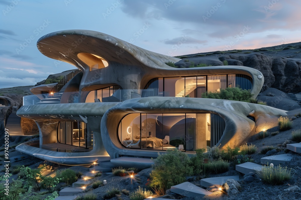 Striking organic house embedded into hilly terrain, modernist ...