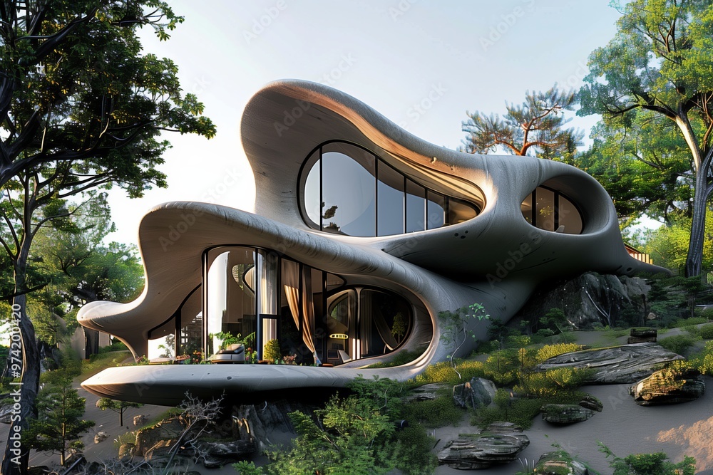 Striking organic house embedded into hilly terrain, modernist ...