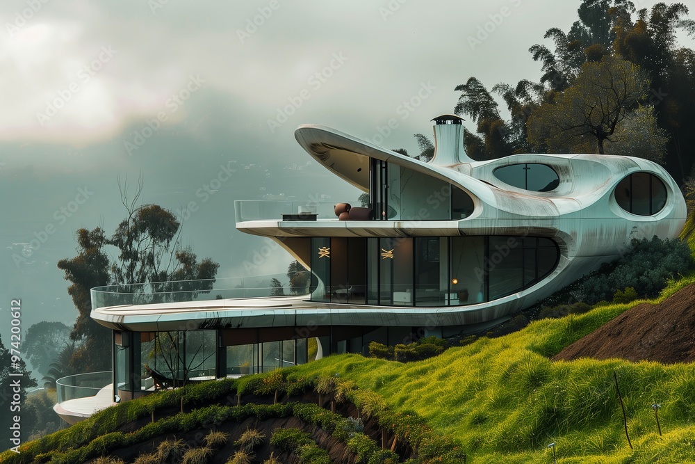 Striking organic house embedded into hilly terrain, modernist ...