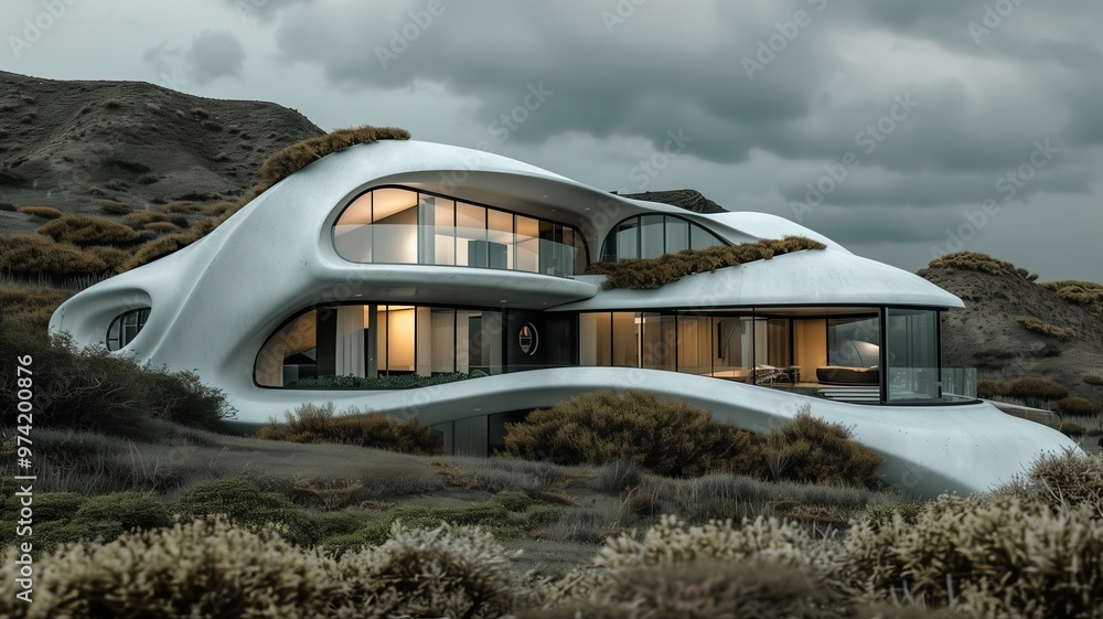 Striking organic house embedded into hilly terrain, modernist ...