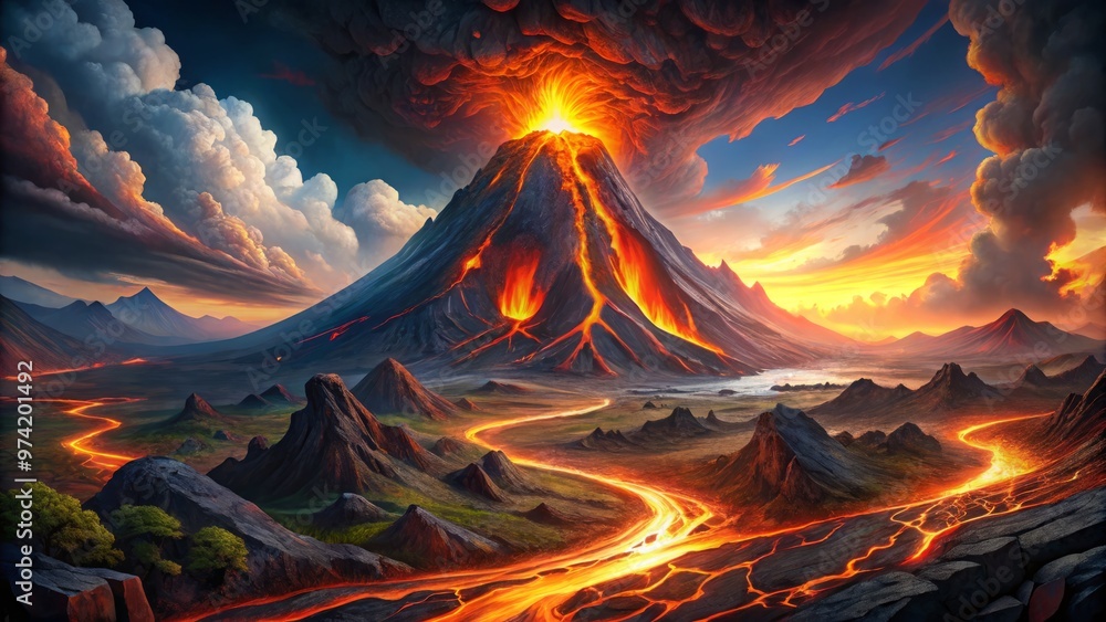 Illuminated illustration of a volcano's internal structure, showcasing ...