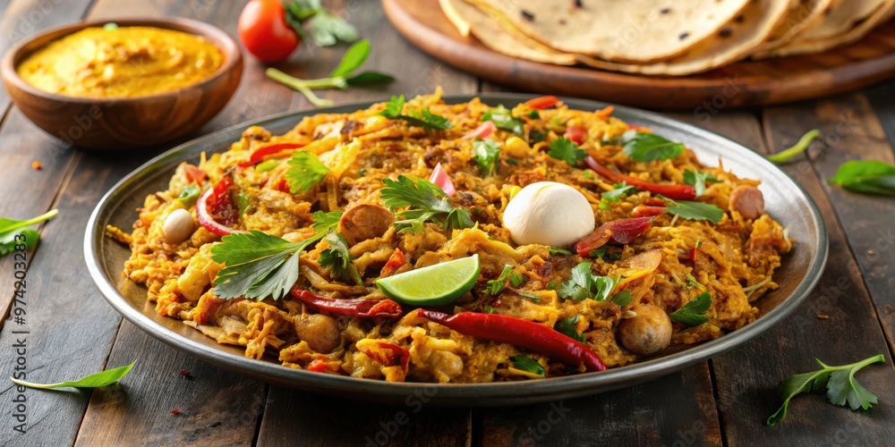 Close-up of traditional South Indian street food egg kothu parotta with ...