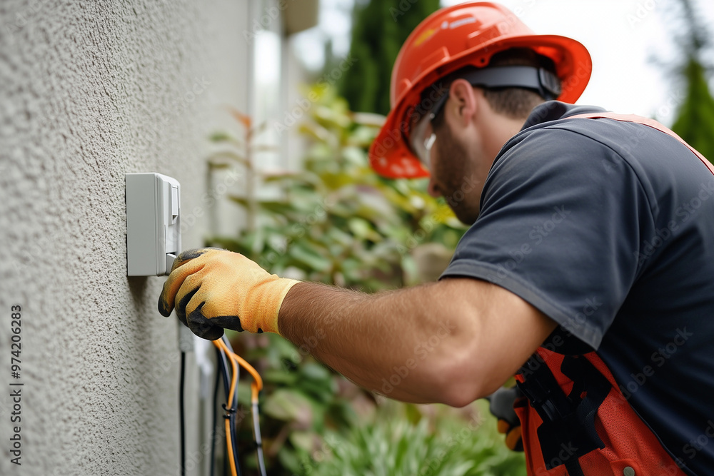 Electrician working on outdoor wiring, wearing safety gear and gloves ...