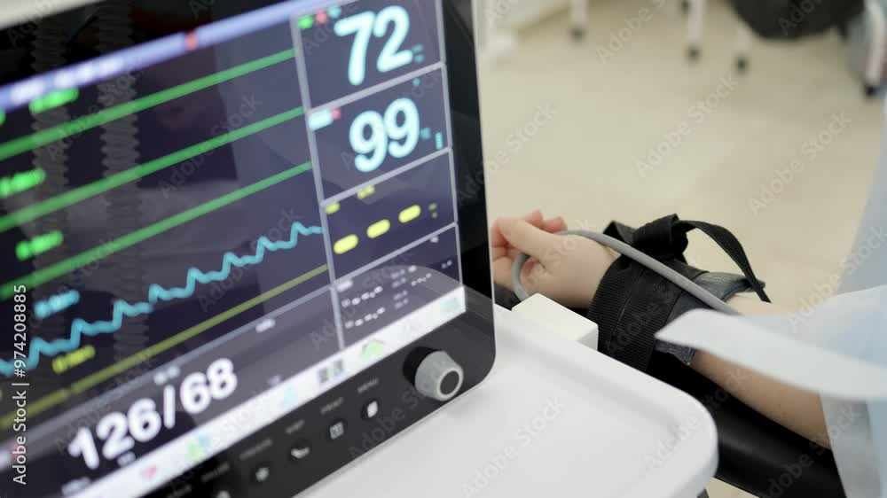 Close-up of a patient monitor displaying oxygen saturation levels, with ...