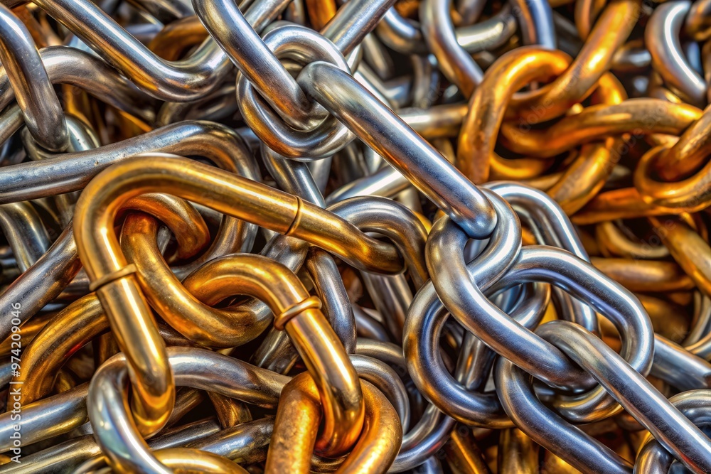 Linked metal chains in various sizes and styles, connected and tangled ...