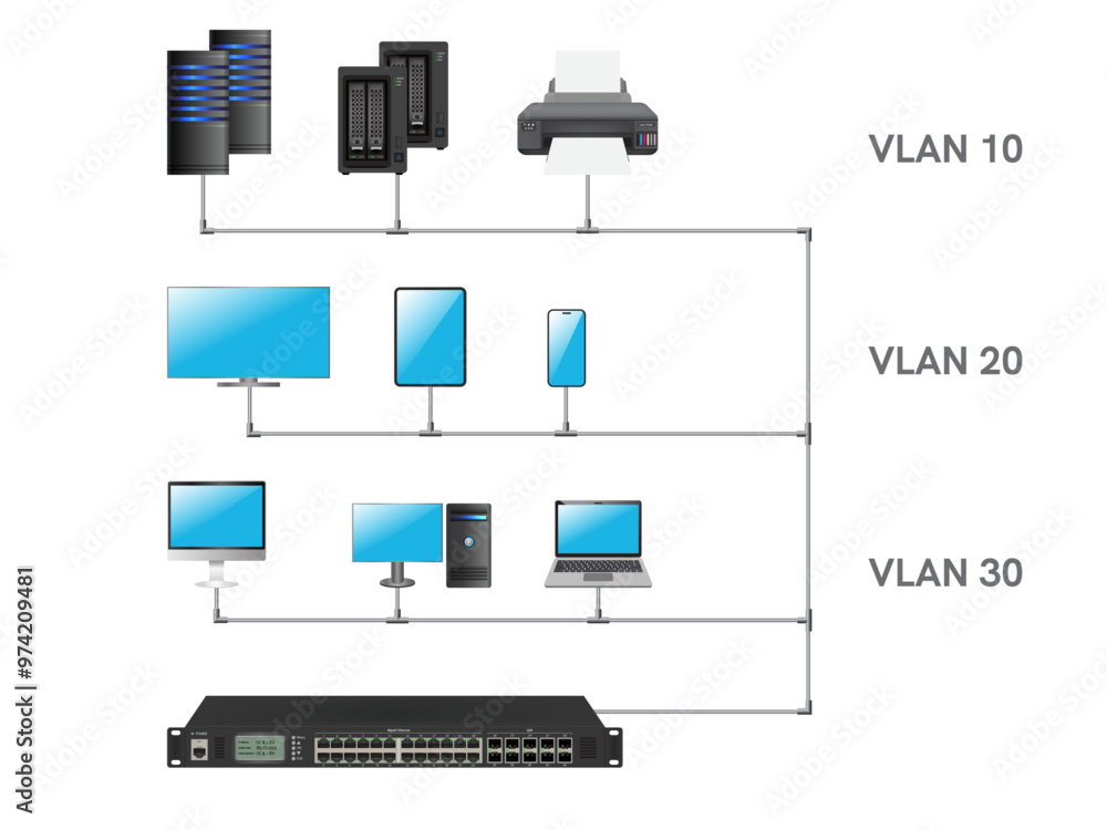 Vlan or Virtual area network diagram and trunk connections. Stock ...