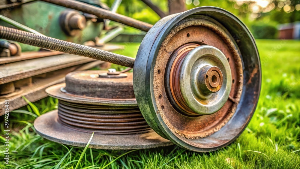 A close-up of an old cracked drive belt and pulley on a lawn mower deck ...