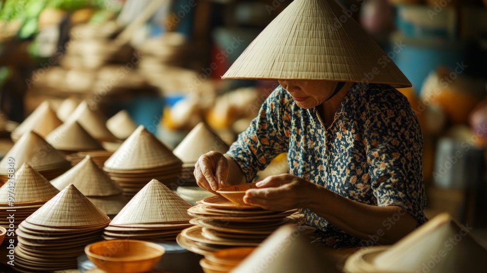 Crafting of traditional conical hats in a Vietnamese village, using age ...
