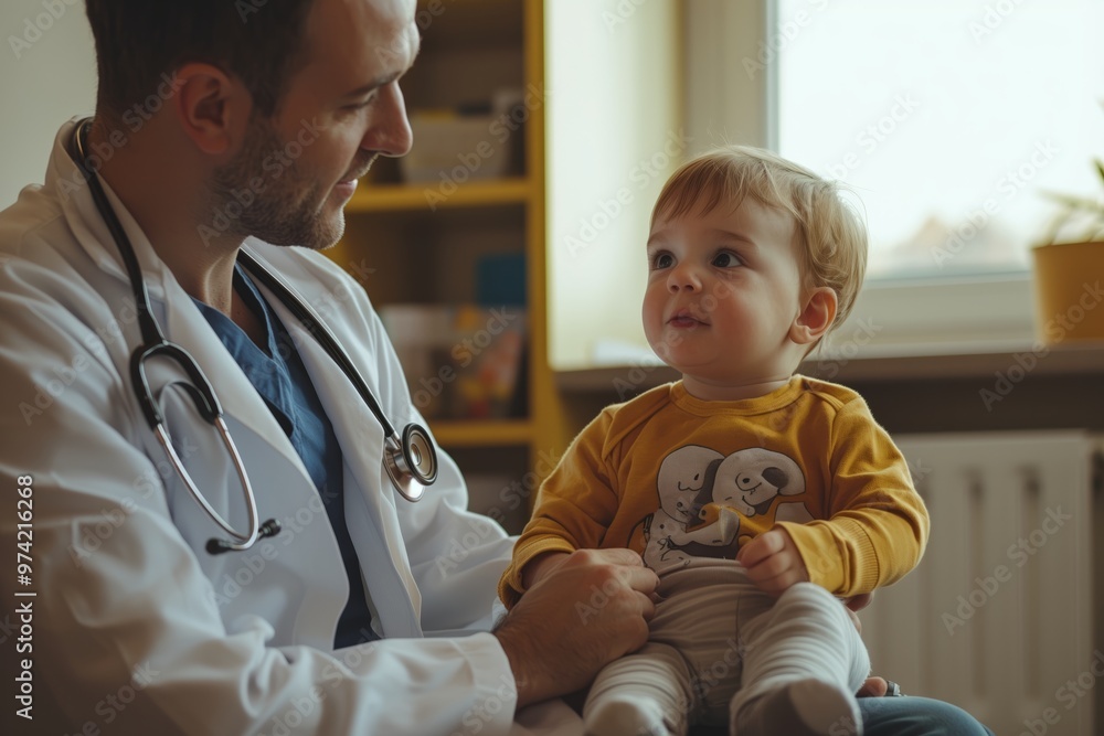 Pediatric doctor in a white medical coat holds a small child on their ...