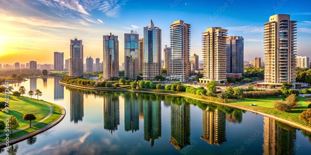 Modern architecture and sleek skyscrapers rise above lush greenery and ...