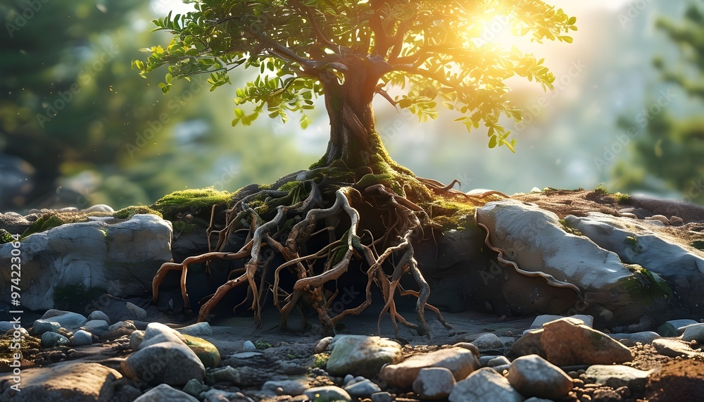Resilient roots intertwining with rocky earth, showcasing natures ...