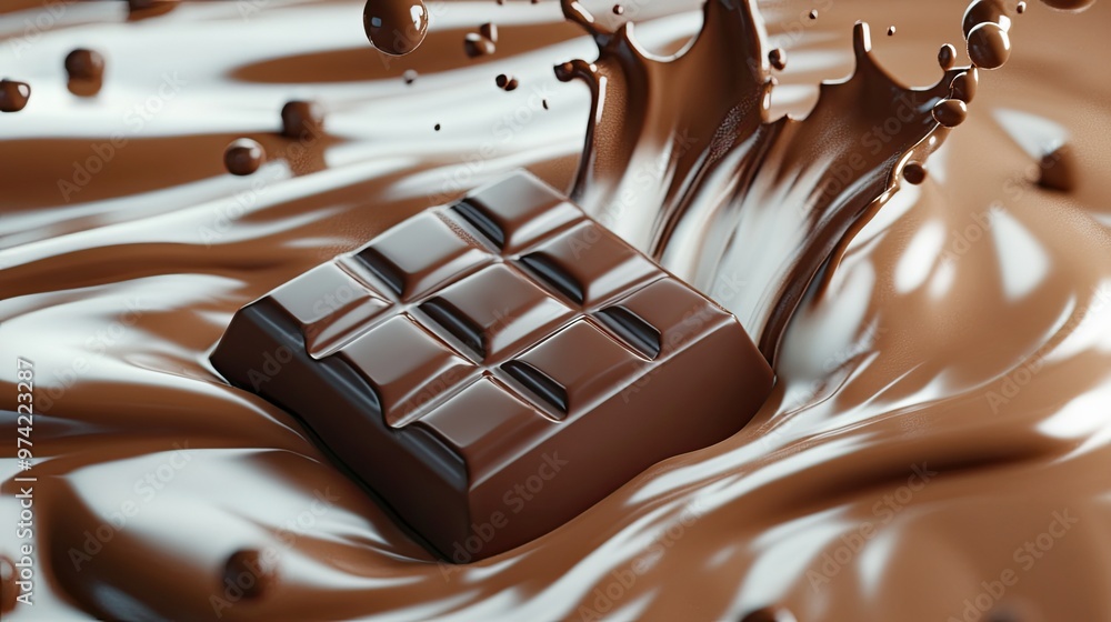 A chocolate bar sinks into a pool of melted chocolate, creating a ...