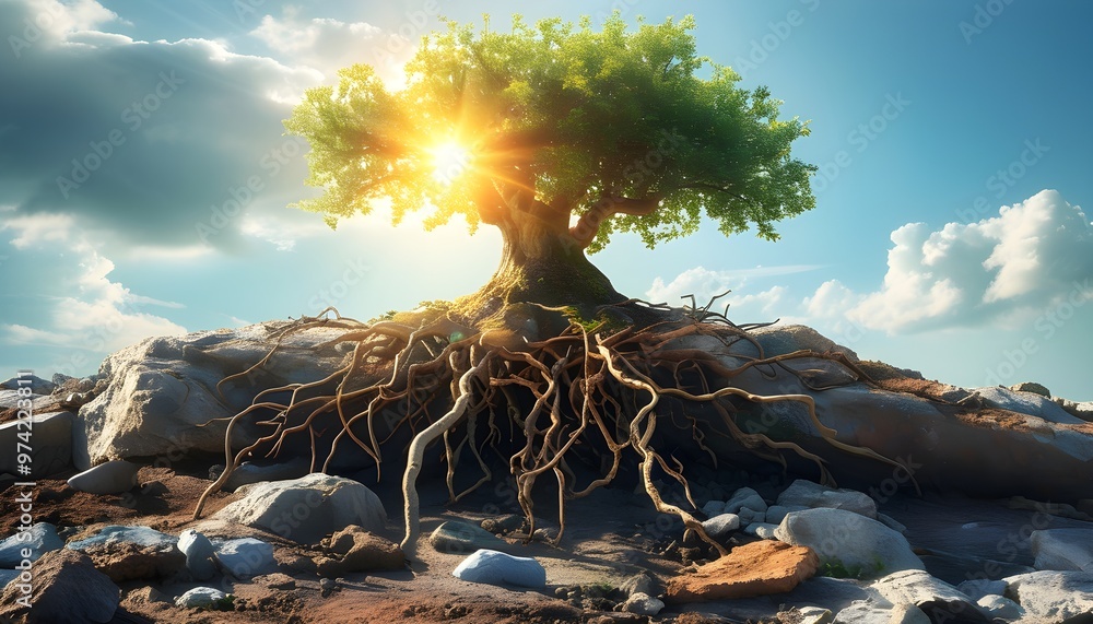 Resilient roots intertwining with rocky earth, showcasing natures ...