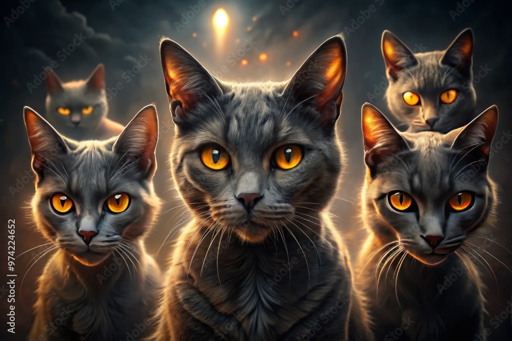 Ominous felines with glowing eyes and twisted facial expressions lurk ...