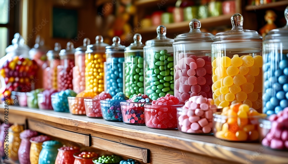 Nostalgic candy store filled with vibrant glass jars of sweets ...