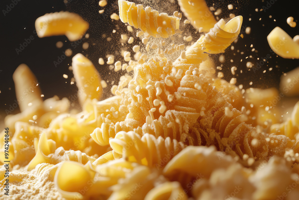Dynamic scene featuring rotini pasta mid-air, emphasizing movement and ...