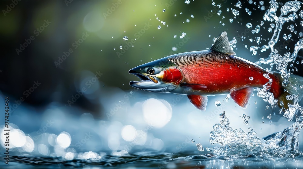 A fish leaps from the water, spraying a splash behind it, with its head ...