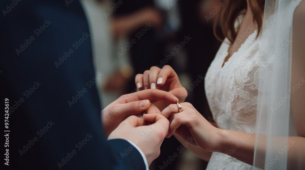 Wedding hands of the bride and groom ceremonially put wedding rings on ...