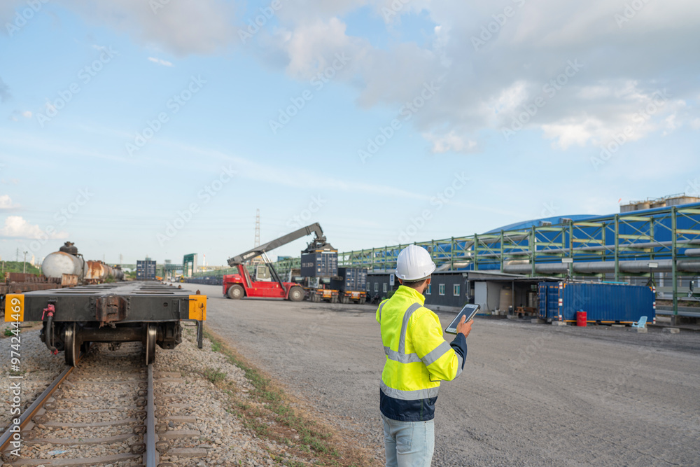 Engineer railway wearing safety uniform and helmet under checking train ...