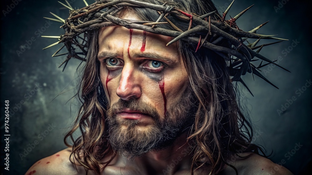 Tortured figure with sorrowful eyes, wearing a crown of twisted thorns ...