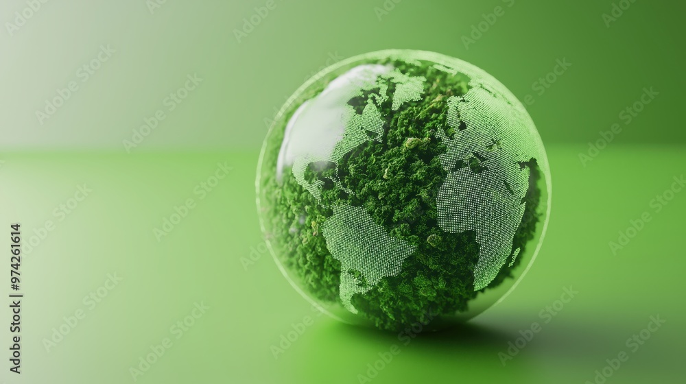 Sustainable green globe covered in lush greenery and digital patterns ...