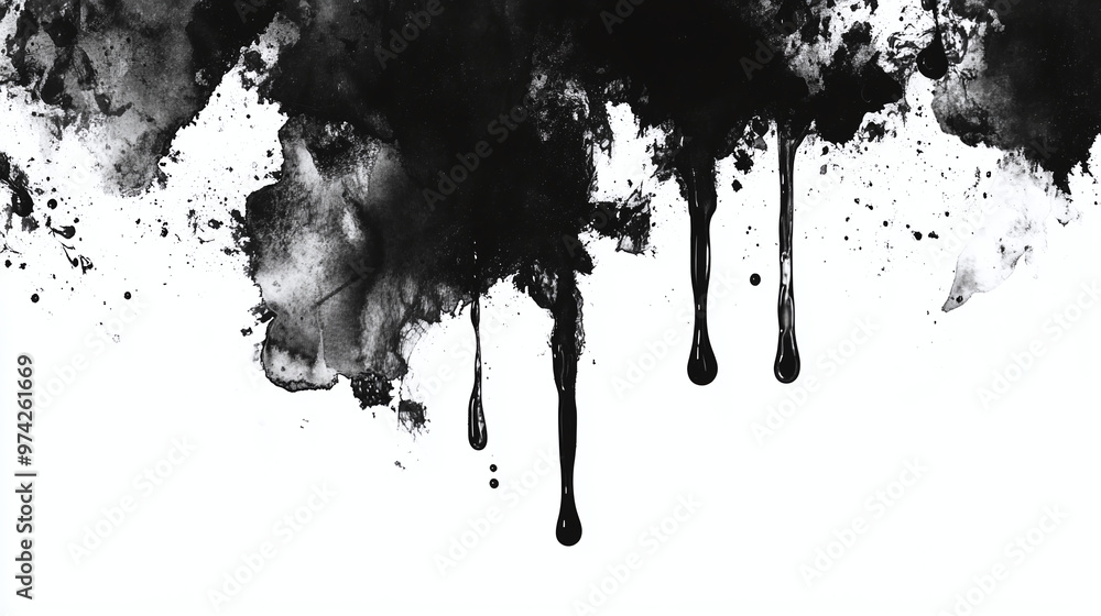 black ink drops fluid effect on wet white canvas background, overlay ...