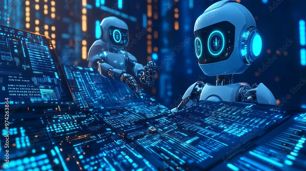 Robots using AI make computer chips on a dark blue background. Robots ...