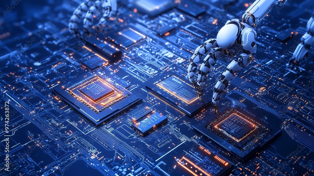 Robots using AI make computer chips on a dark blue background. Robots ...