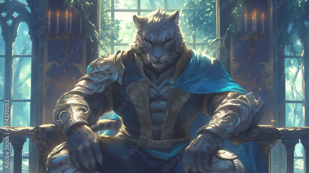 stoic cat beastfolk warrior seated in a grand hall wearing armor with a ...