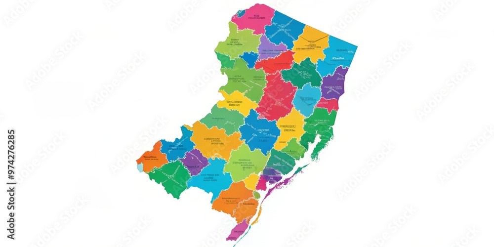 Vibrant colorful map of New Jersey featuring all 21 counties with clear ...