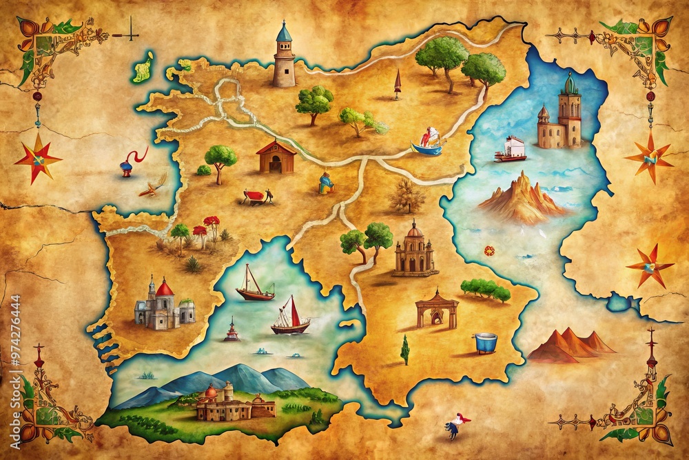 Vibrant, colorful map of the Camino de Santiago pilgrim route ...