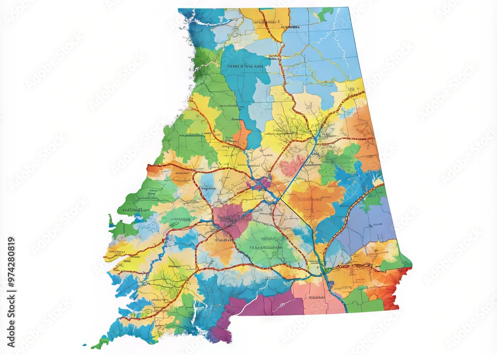 Vibrant digital illustration of Alabama state map with major cities ...