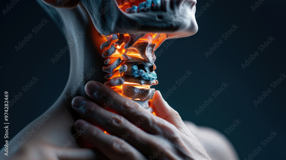 3D medical illustration showing the human neck anatomy with inflamed ...