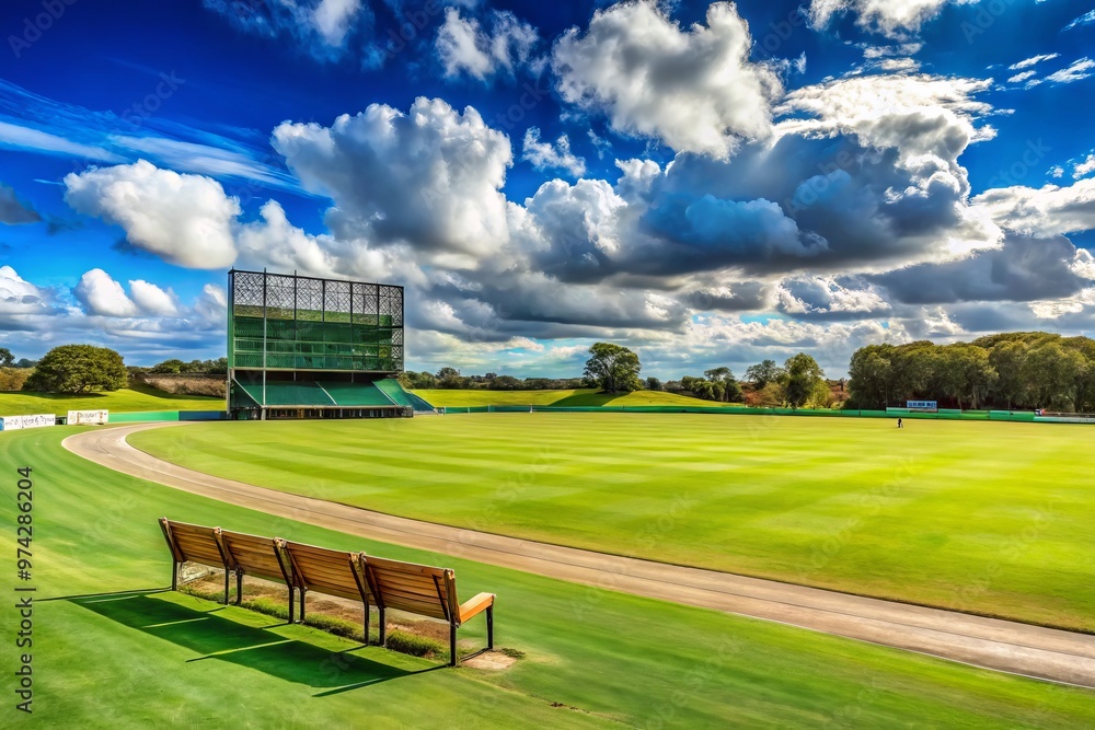 Vibrant green cricket field stretches towards horizon, empty stands and ...