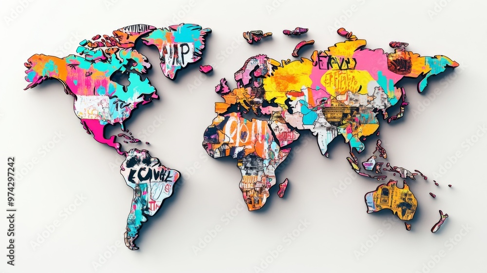 A vibrant and colorful world map overlaid with dynamic and eclectic ...