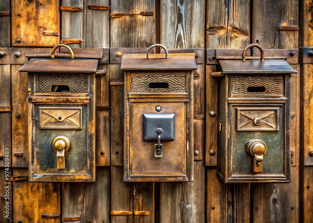Retro metal mailboxes with worn bronze finishes and old-fashioned ...