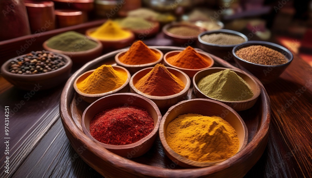 Colorful spice blends with depth of field showcasing vibrant powders ...