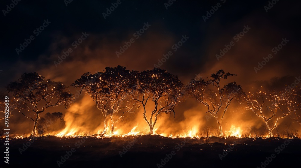 Trees burned by a wildfire at night, showing the devastating effects of ...