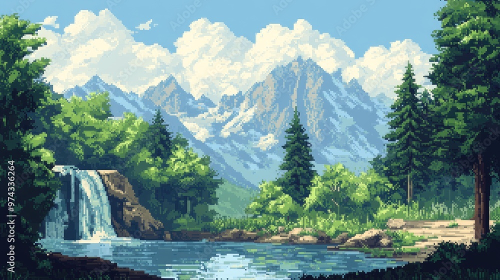 16-bit pixel art of a retro-style nature scene, complete with pixelated ...