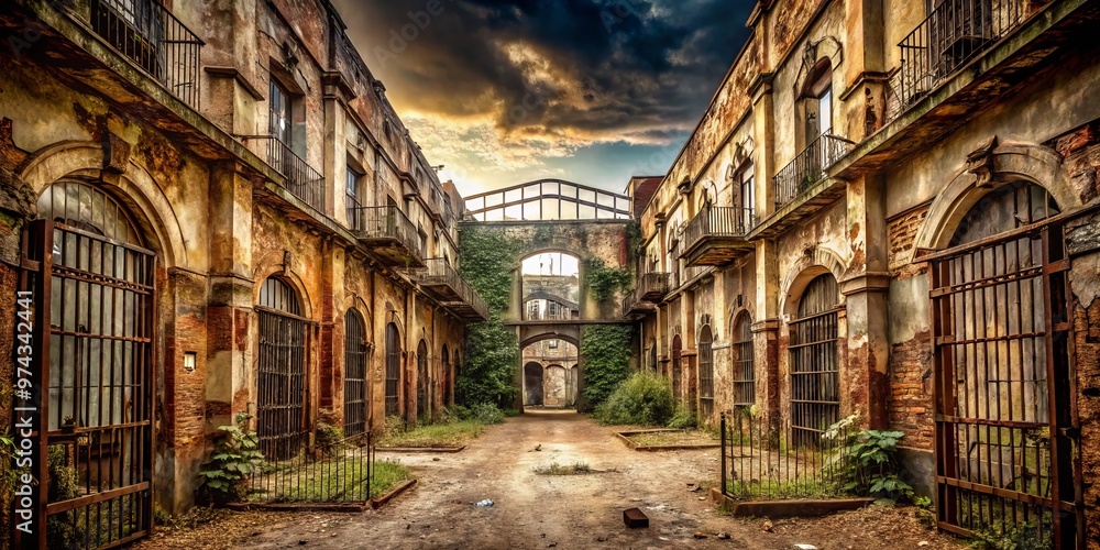 Haunted and decrepit asylum courtyard with rusted gates and crumbling ...