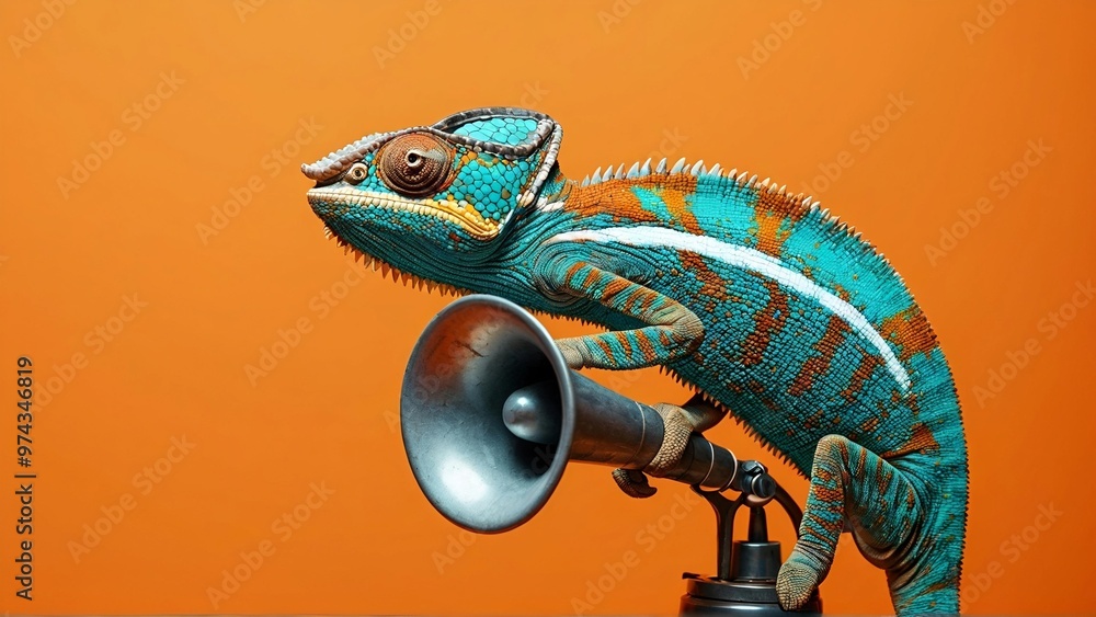 Chameleon perched on vintage megaphone against bright orange background ...