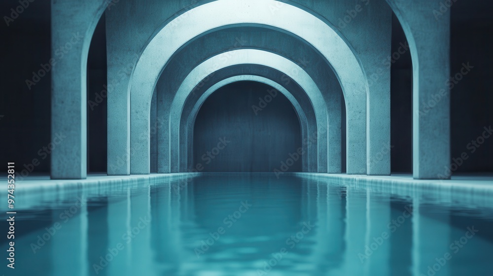 Modern and serene image of a water pathway under perfectly symmetrical ...