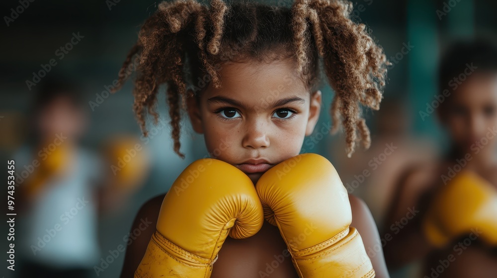A young child with curly hair wears bright yellow boxing gloves and has ...