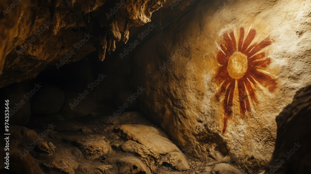Prehistoric cave painting of sun on stone , primitive art scene of ...
