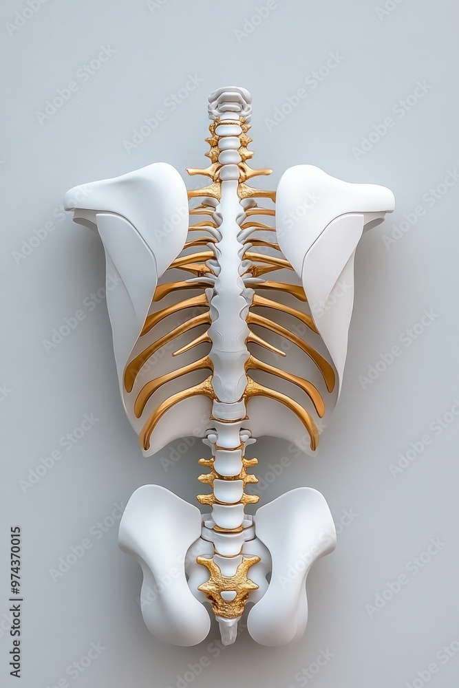 A detailed depiction of a white human skeleton torso with gold accents ...