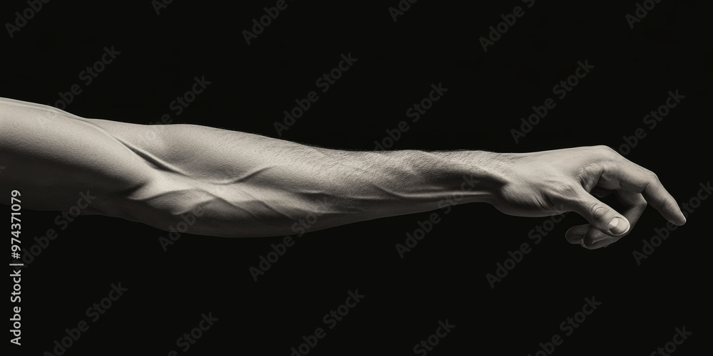 An outstretched human arm and hand against a dark background. The ...