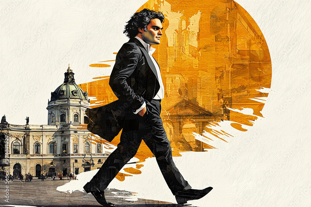 Vintage collage portrait of Beethoven walking through Vienna, lost in ...